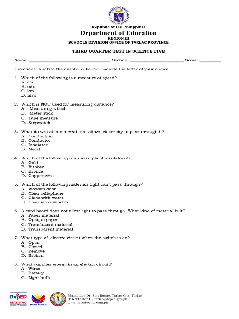 Q3 SCIENCE 5 - PERIODICAL TEST - MELC BASED With TOS ANSWER KEY | PDF ...