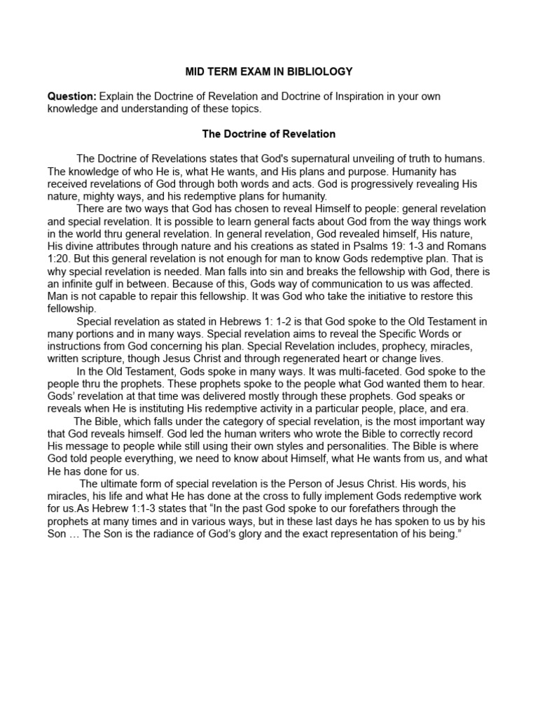 Mid Term Exam in Bibliology | PDF | Revelation | God