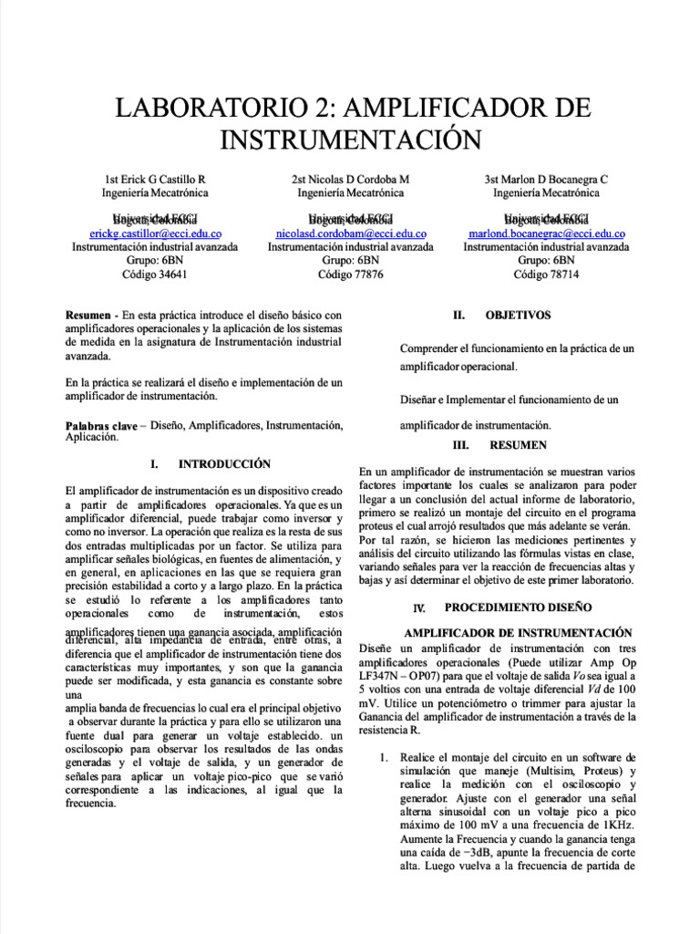 PDF Laboratorio 2 Amplificador de Instrumentacion Respuesta - Compress | PDF | Amplificador ...