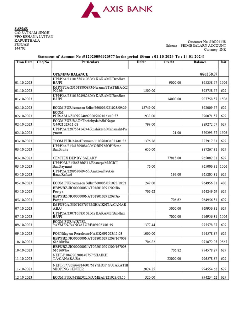 Part 01 AXIS BANK STATEMENT SAMAR Page 1 and 5 | PDF | Debit Card ...