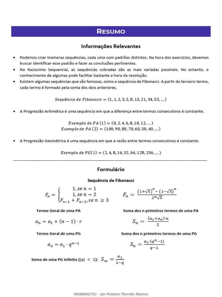 Progressao Aritmetica e Progressao Geometrica Resumo | PDF | Sequência ...