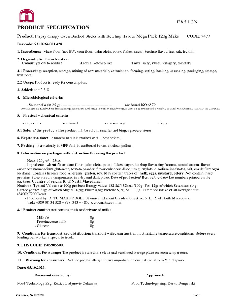 Fripsy Backed Sticks Ketchup 120g Mega Pack 2023 | PDF | Milk | Foods