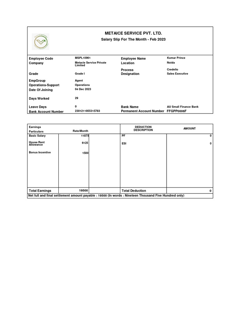 February 2023 Salary Slip Details | PDF