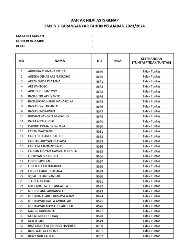 Nilai Asts Genap Kelas X | PDF