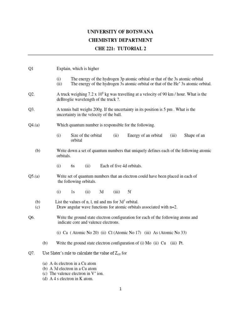 Tutorial 2 - Solution - CHE 221 (2024) | PDF | Atomic Orbital | Electron