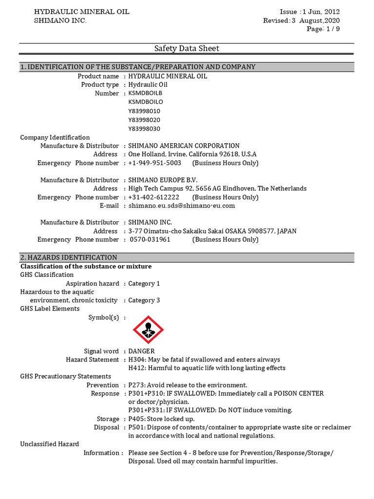 Shimano Hydraulic Mineral Oil Safety Data | PDF | Toxicity | Dangerous ...