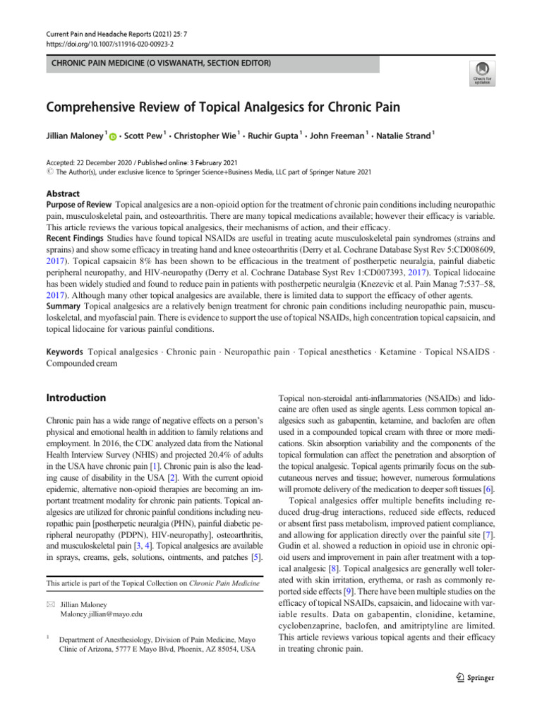 Comprehensive Review of Topical Analgesics For Chronic Pain | PDF ...