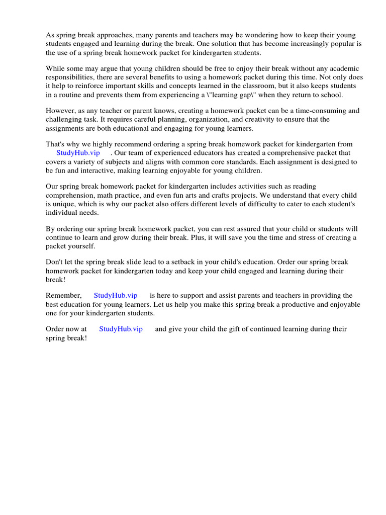 Spring Break Homework Packet For Kindergarten | PDF | Homework | Learning