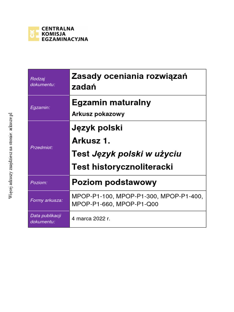 Jezyk Polski 2023 Przykladowy Arkusz Cke Podstawowa Odpowiedzi | PDF
