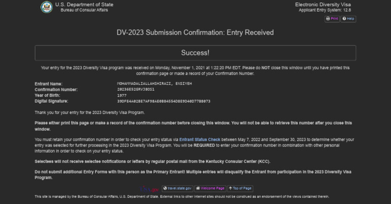 DV-2023 Submission Confirmation: Entry Received Success! | PDF | Travel Visa
