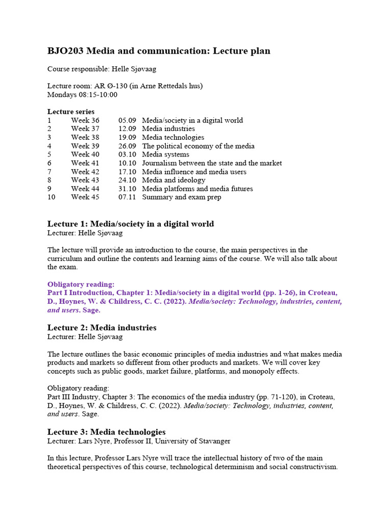 BJO203 Media and Communication Plan | PDF | Lecture | Mass Media
