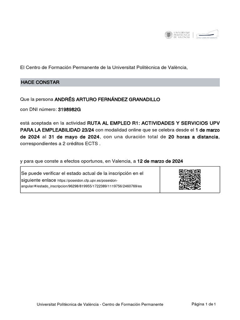 Confirmación Inscripción UPV | PDF