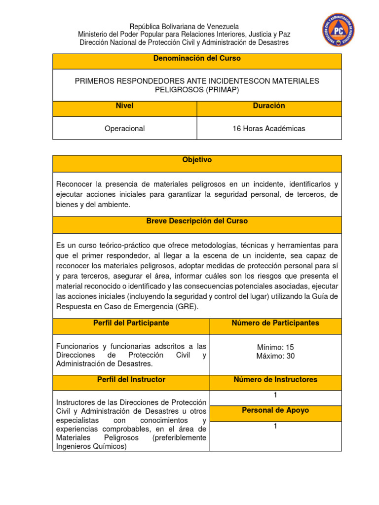 Curso-PRIMAP-Sinópsis de Contenido | PDF | Defensa Civil | Mercancías peligrosas