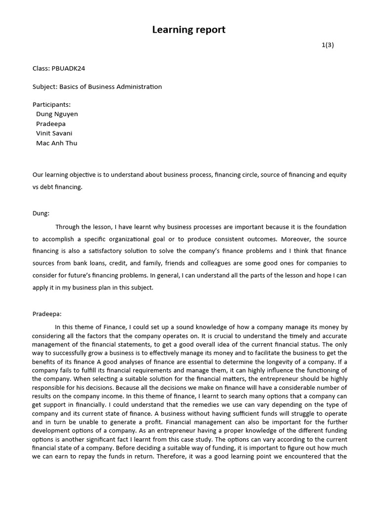 Finance Learning Report. | PDF | Entrepreneurship | Debt