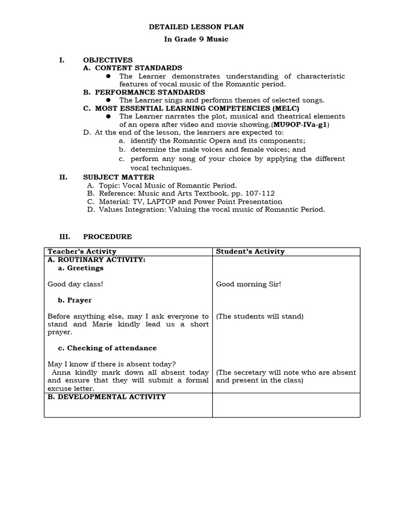 DETAILED-LESSON-PLAN-G9-music - 4th - 012838 | PDF | Singing | Opera