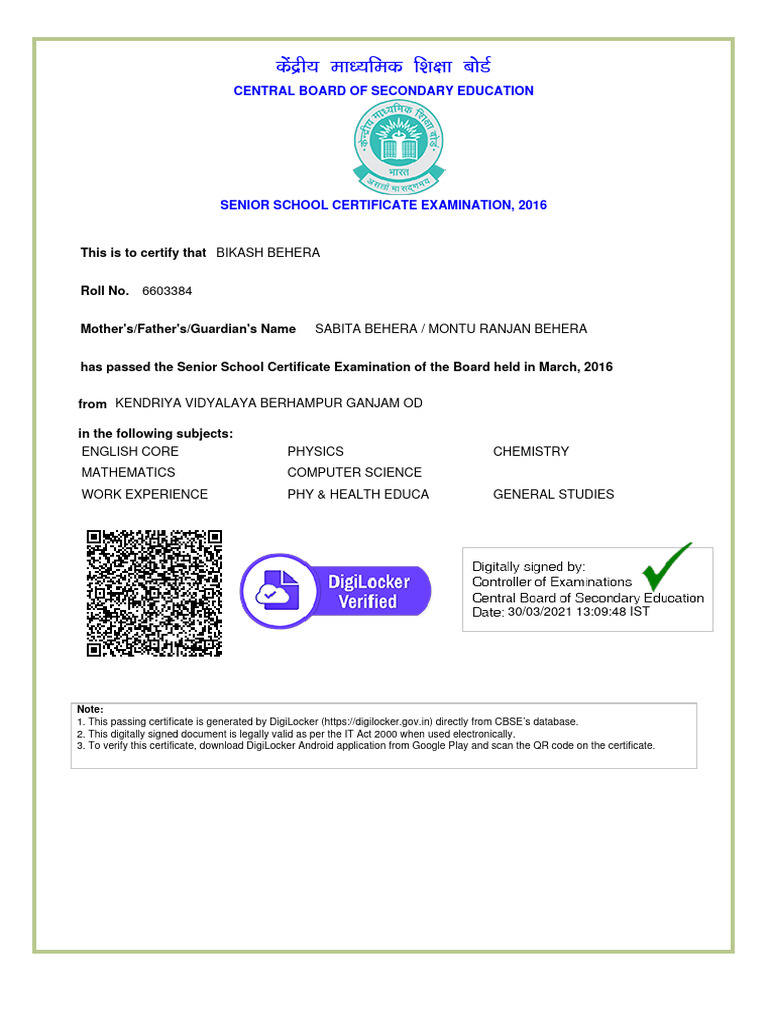 Class 12 Passing Certificate Details | PDF