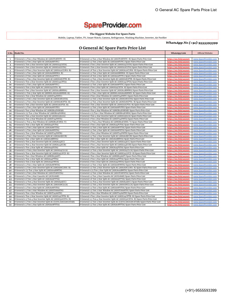 O General AC Spare Parts Price List | PDF | Mobile Computers | Computing
