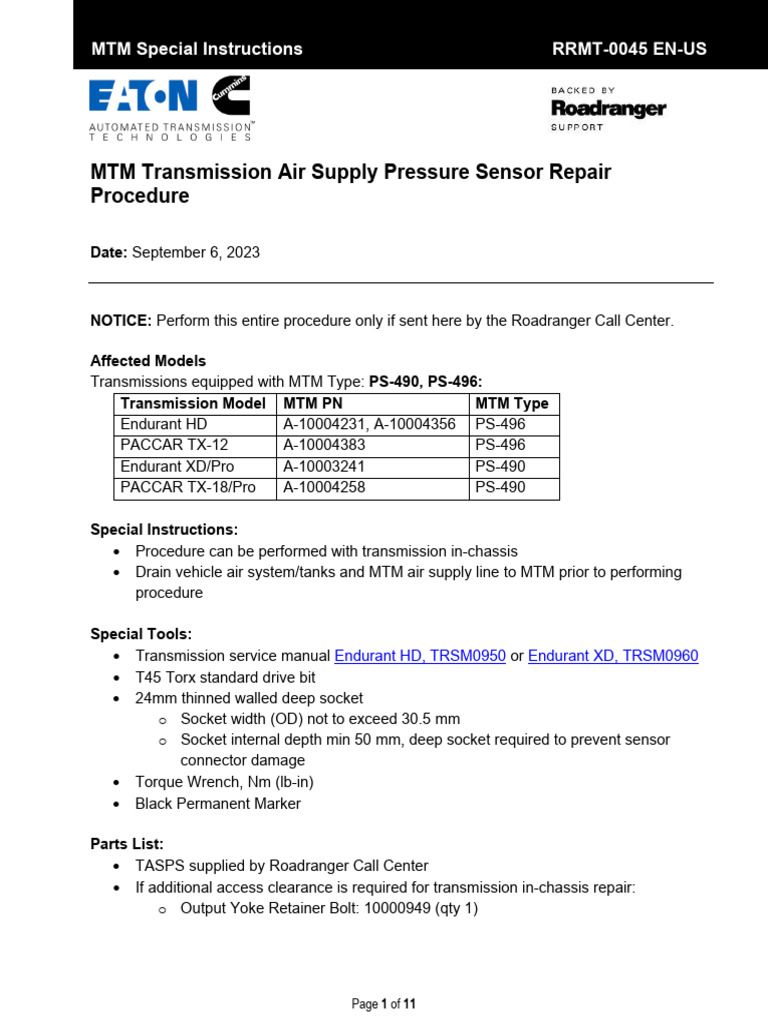 MTM Transmission Air Supply Pressure Sensor Repair Rrmt0045 | PDF ...