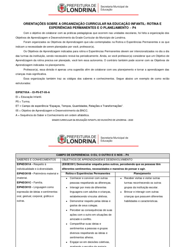 P4 - Grade Curricular - P4 | PDF | Aprendizado | Pré-escola