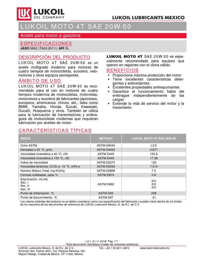 Tds Lukoil Moto 4t Sae 20w-50 v.2.1 Esp | PDF | Motocicleta | Motociclismo
