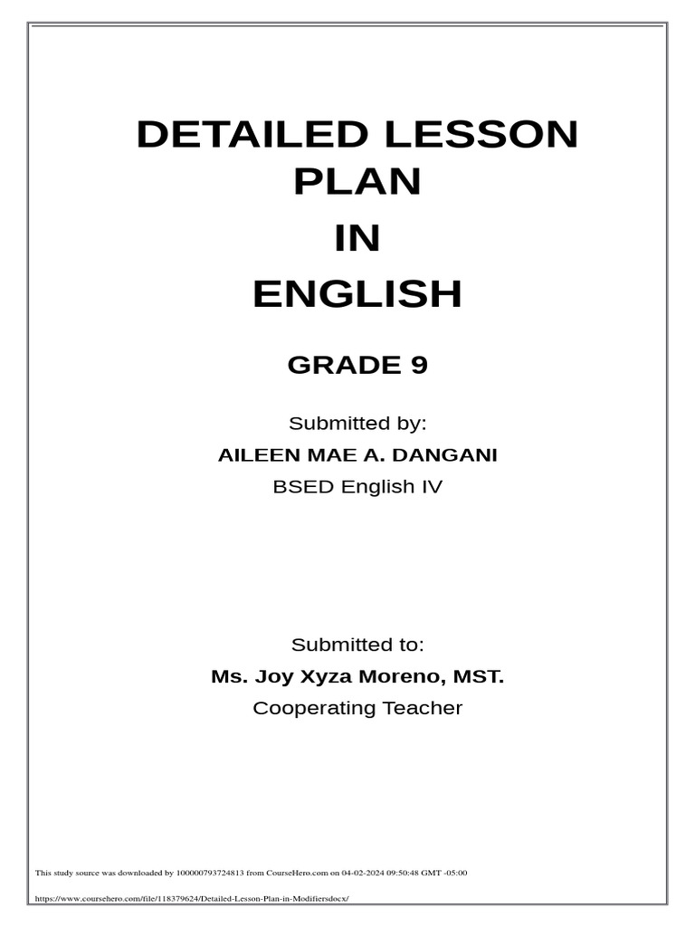 Detailed Lesson Plan in Modifiers | PDF | Syntax | Language Mechanics