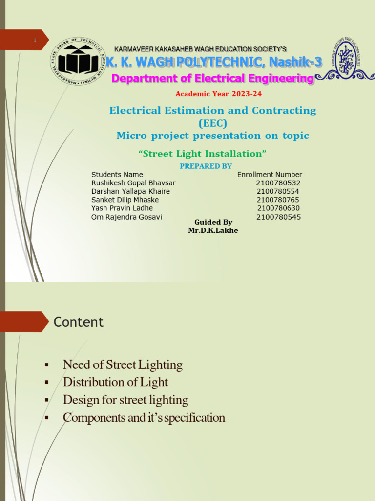 K. K. Wagh Polytechnic, Nashik-3: Department of Electrical Engineering | PDF | Lighting | Street ...