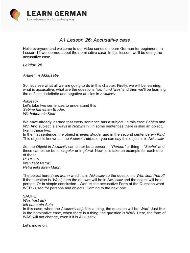 A1 - Lektion 26 - Accusative Case | PDF | Grammatical Gender | Linguistics