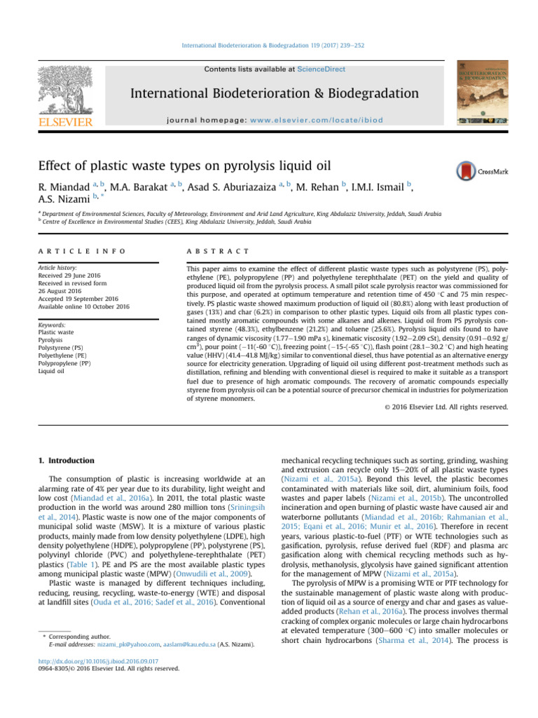 Effect of Plastic Waste Types On Pyrolysis Liquid Oil | PDF | Pyrolysis ...