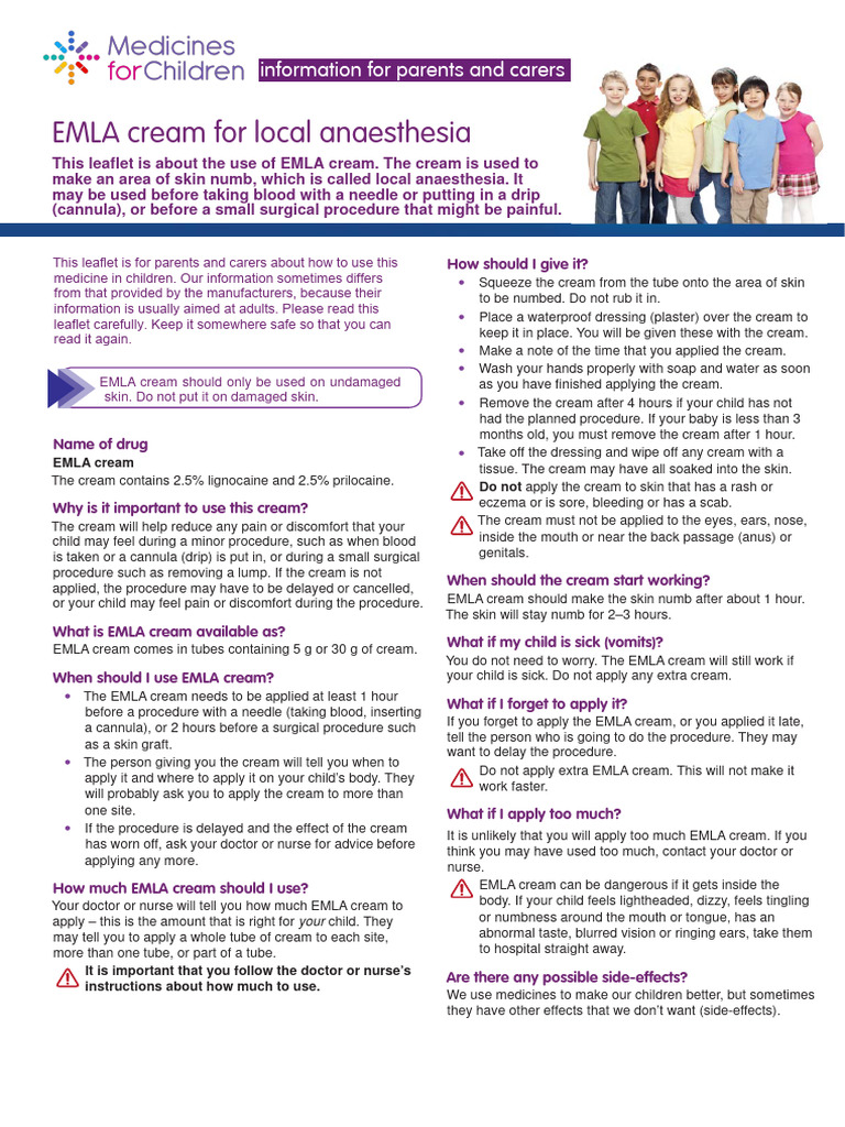 EMLA Cream Usage Guide for Children | PDF | National Health Service ...