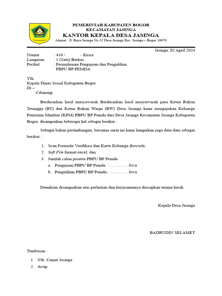 Permohonan PBPU BP Pemda Jasinga | PDF