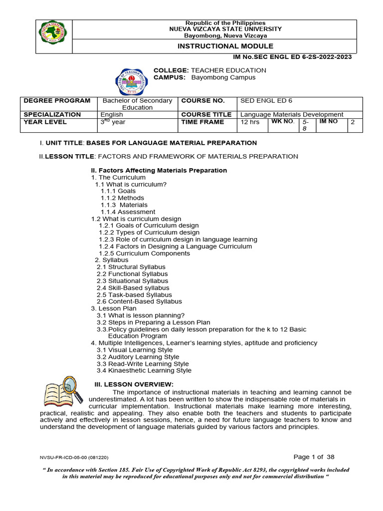 IM2-LANGUAGE-MATERIAL-DEVELOPMENT | PDF | Curriculum | Learning