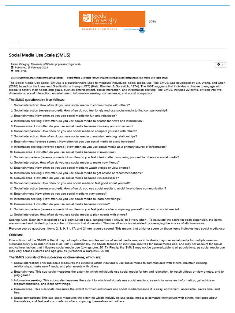 Social Media Use Scale Smus Pdf