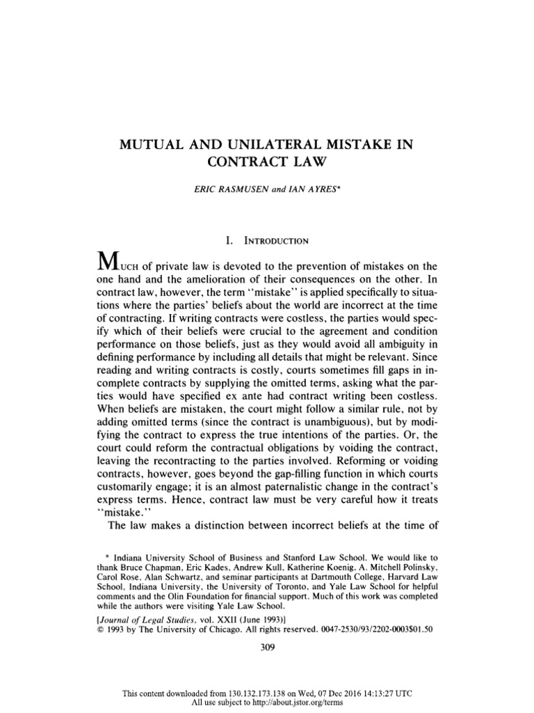 Mutual and Unilateral Mistake in Contract Law | PDF