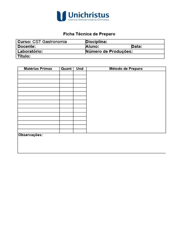 Modelo De Fichas De Técnica Custo Pdf