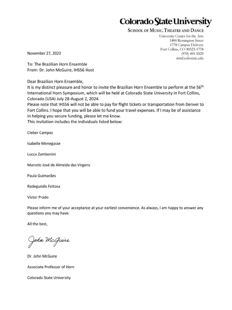 Brazilian Horn Ensemble Invitation Letter | PDF