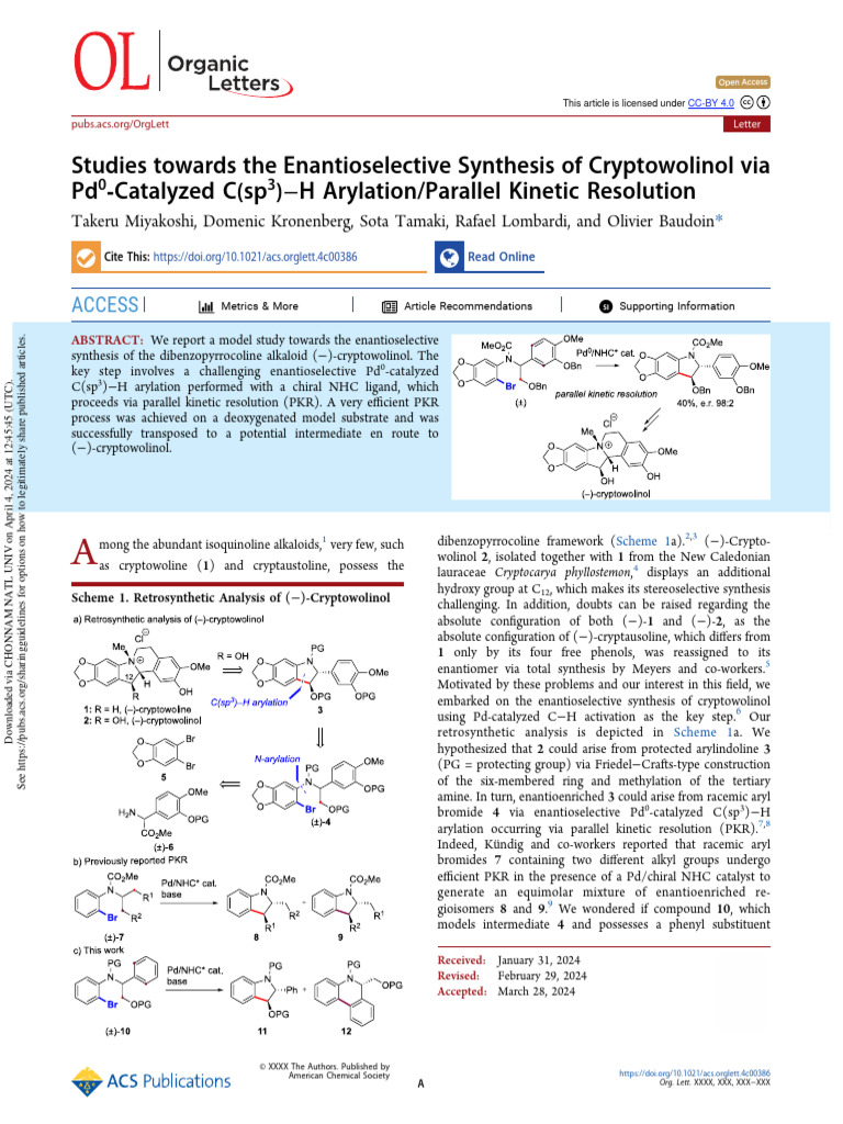 Miyakoshi Et Al 2024 Studies Towards The Enantioselective Synthesis of Cryptowolinol Via pd0 ...