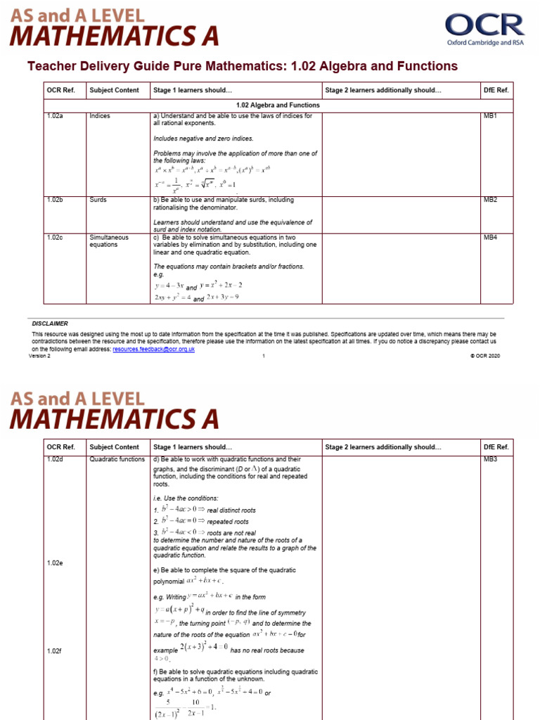 Section 1.02 Algebra and Functions Delivery Guide Version 1 | Download ...