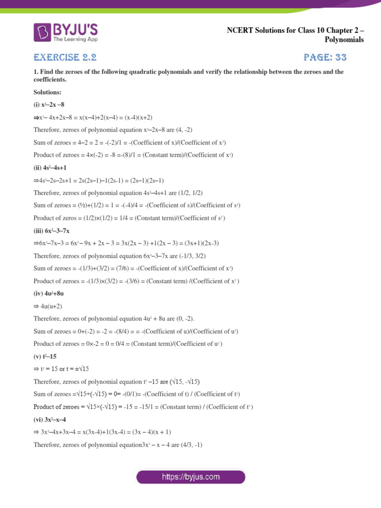 NCERT Solutions For Class 10 Chapter 2 Polynomials Exercise 2.2 | Download Free PDF | Polynomial ...