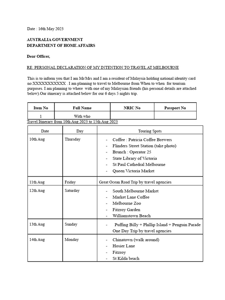 Travel Intent Declaration for Melbourne Trip | PDF | Melbourne