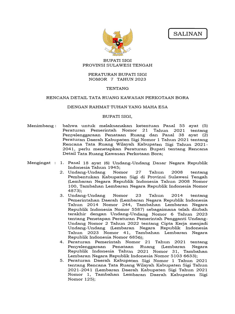 Perbup Nomor 7 Tahun 2023 Tentang Rencana Detail Tata Ruang Kawasan Perkotaan Bora | PDF