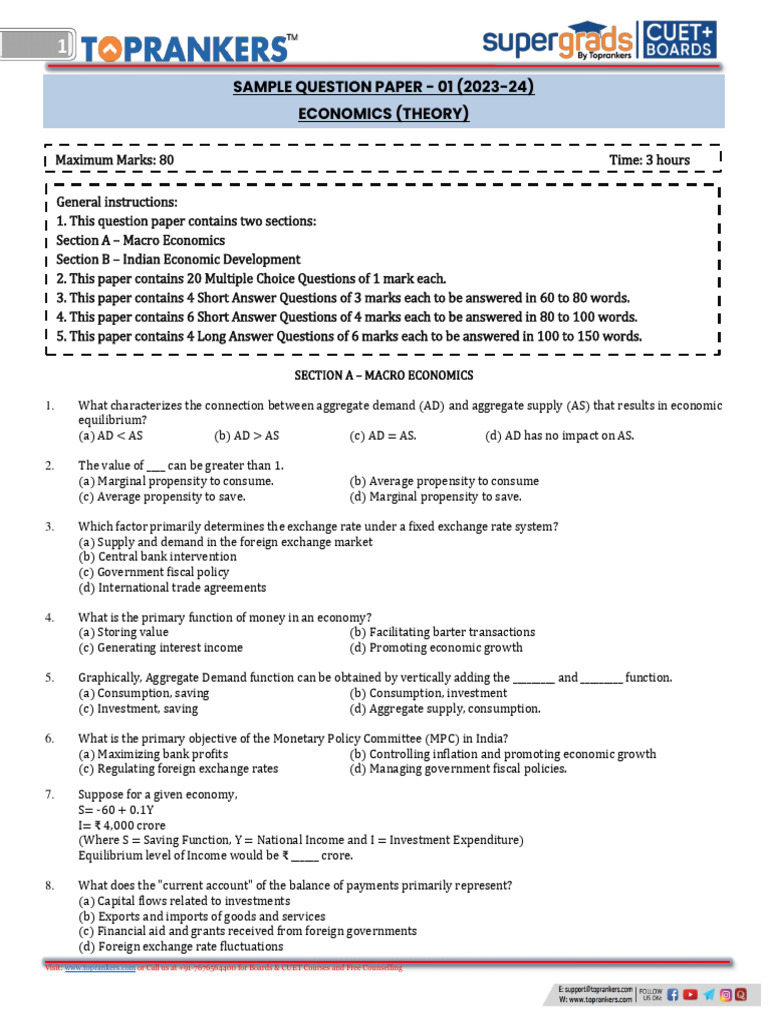Economics Sample Paper 2023-24 | PDF | Economics | Exchange Rate