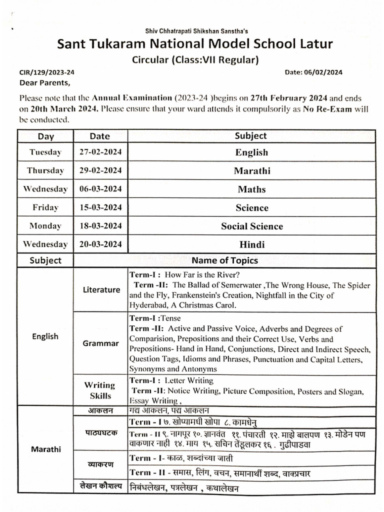 7 Regular Syllabus Circular | PDF