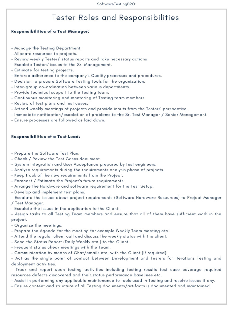 Tester and Test Manager Responsibilities | PDF | Software Testing ...