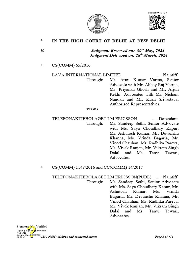 2024 DHC 2698, Ericsson V Lava International | PDF | Prior Art | 4 G