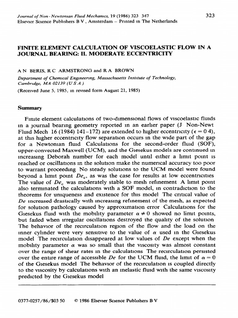 1986-Beris AN_FEM Caluclation for Journal bearing-Mod Ecc | PDF | Shear ...