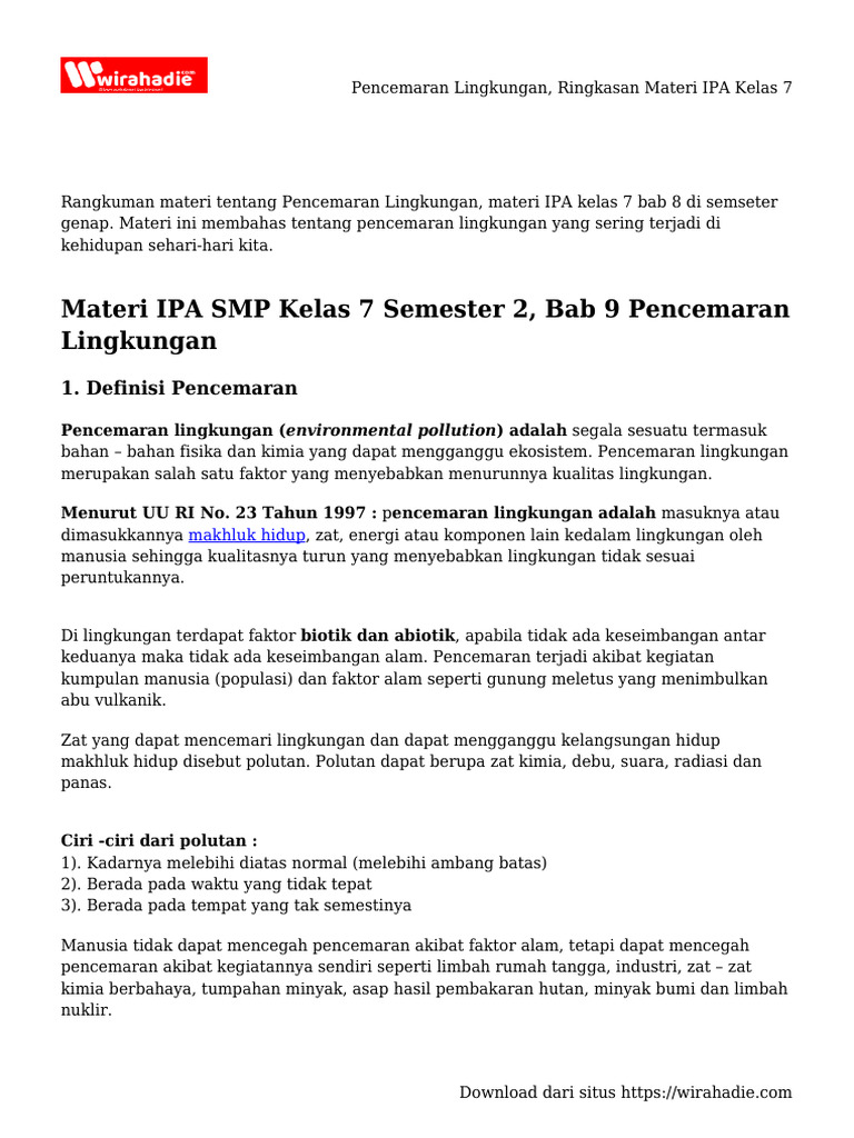 Pencemaran Lingkungan, Ringkasan Materi IPA Kelas 7 | PDF