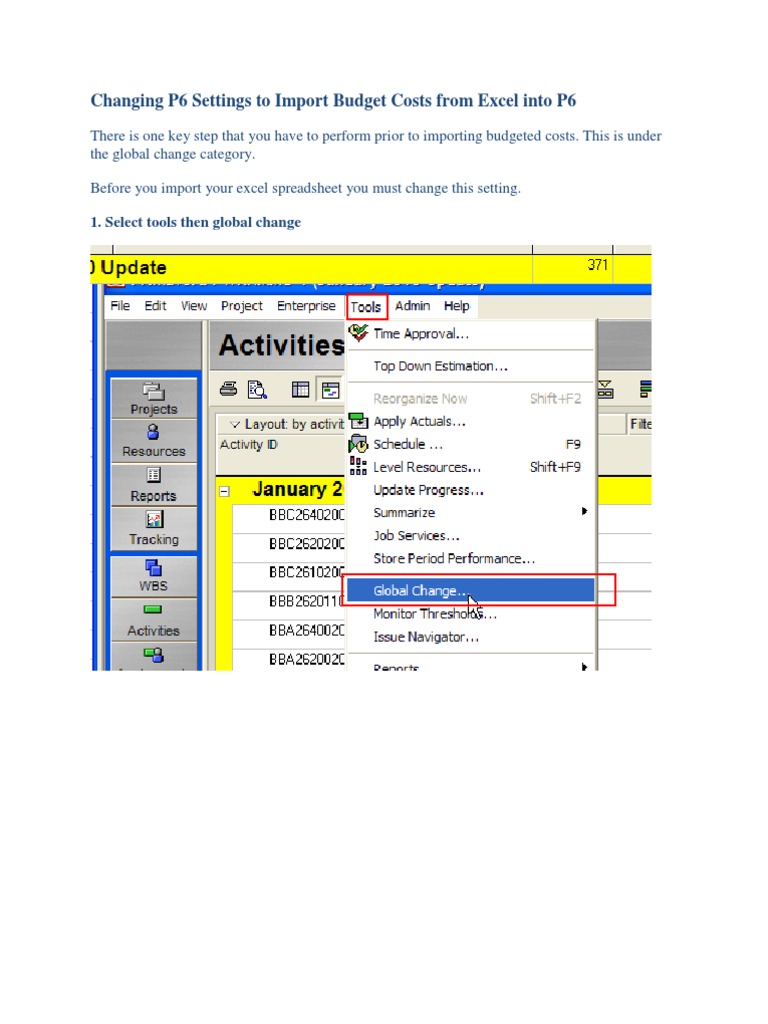 Changing P6 Settings To Import Budget Costs From Excel Into P6 | PDF ...
