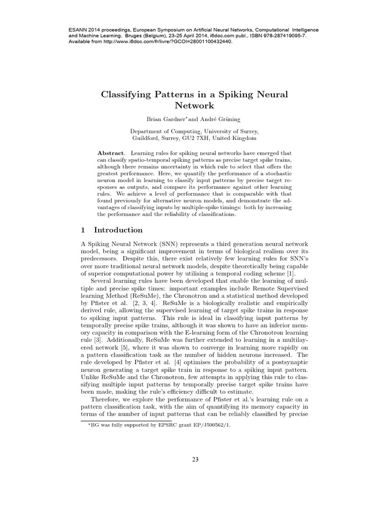 Classifying Patterns in a Spiking Neural | PDF | Artificial Neural Network | Machine Learning