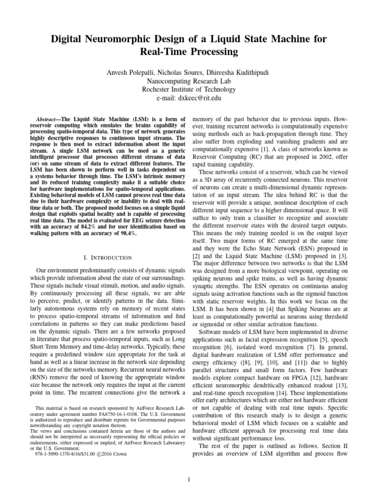 Digital Neuromorphic Design of A Liquid State Machine For | PDF ...
