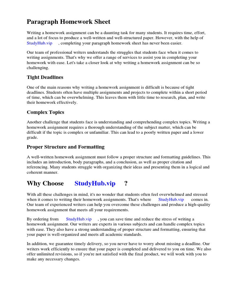 Paragraph Homework Sheet | PDF | Reading Comprehension | Worksheet